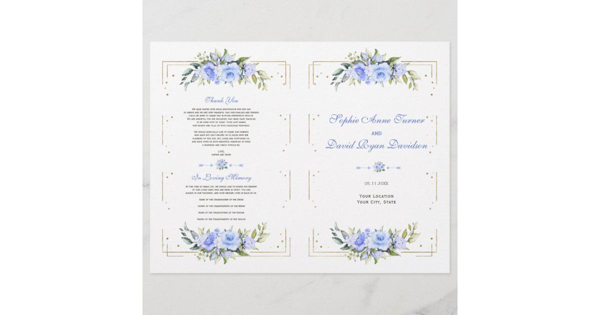 Blue Floral Gold Glitter Frame Wedding Program Flyer | Zazzle