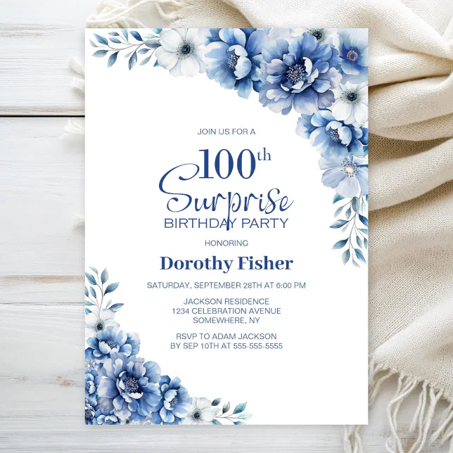 Blue Floral Surprise 100th Birthday Party Invitation | Zazzle