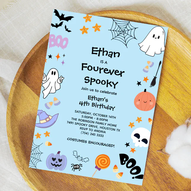 Blue Four Ever Spooky Ghost Halloween 4th Birthday Invitation | Zazzle