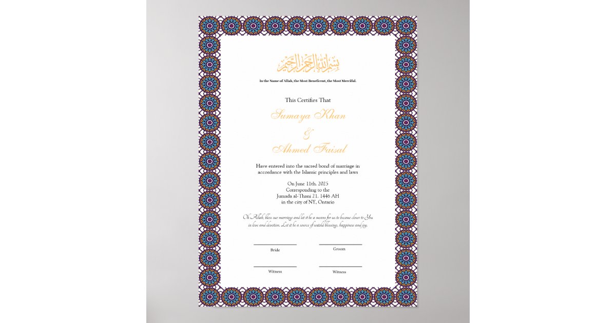 Blue frame Muslim nikkah certificate poster | Zazzle