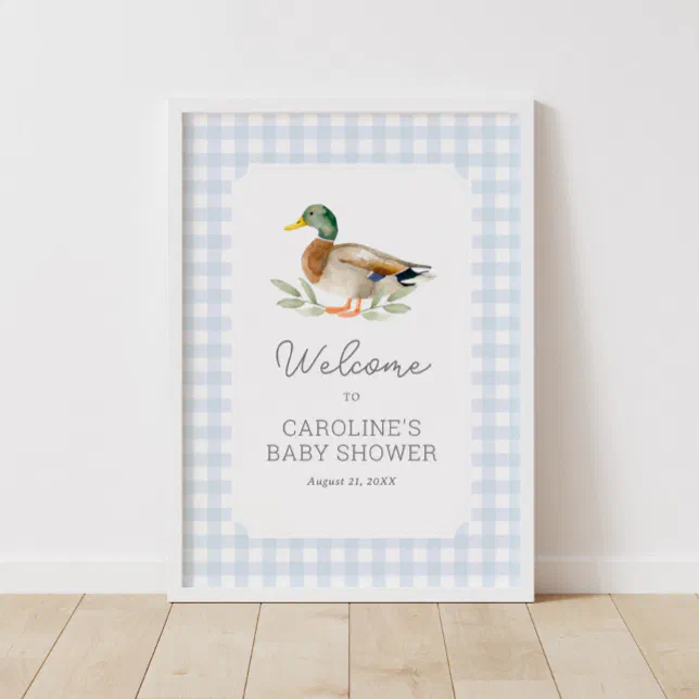 Blue Gingham Duck Baby Shower Welcome Sign | Zazzle