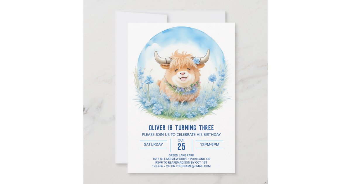 Blue Highland Cow Bash Kids Birthday Invitation | Zazzle