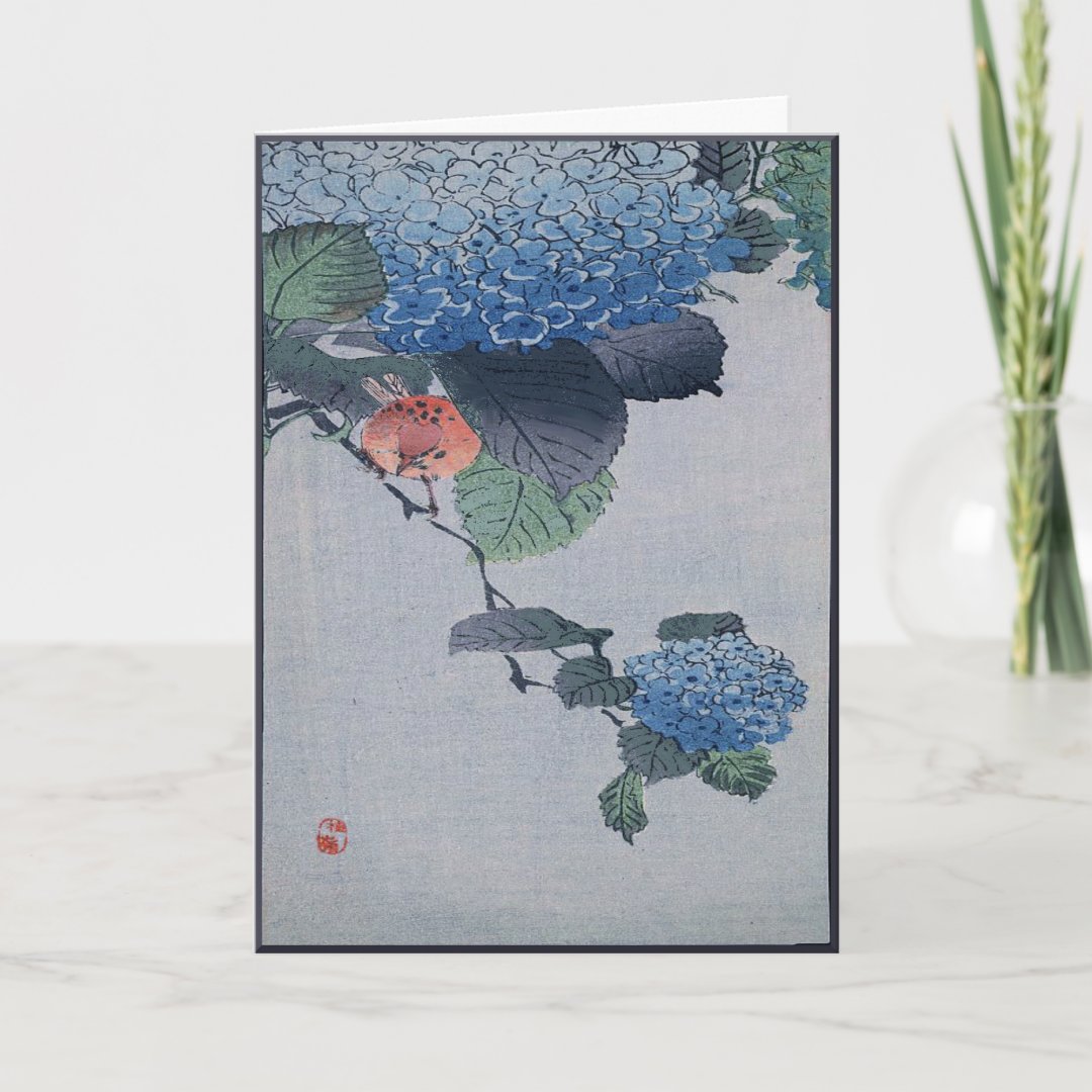 Blue Hydrangea Japanese Woodcut with Verse Card | Zazzle