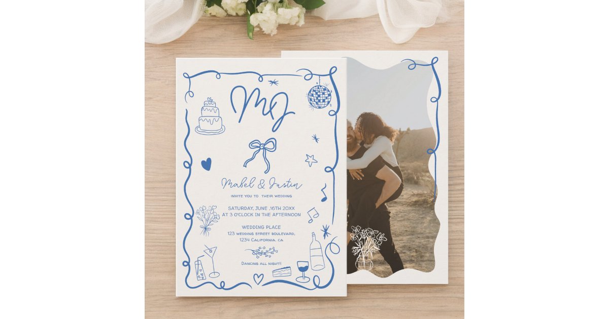 Blue initials handdrawn illustrated photo wedding invitation | Zazzle
