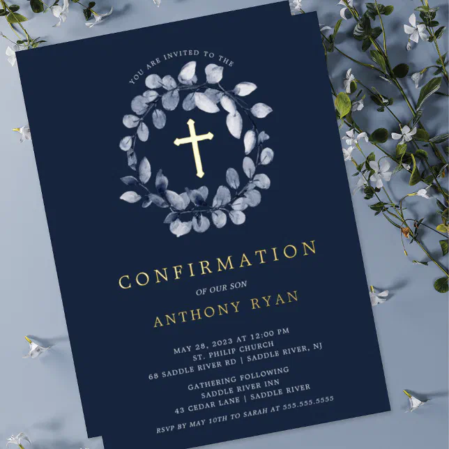 Blue Leaf Boys Confirmation Foil Invitation | Zazzle