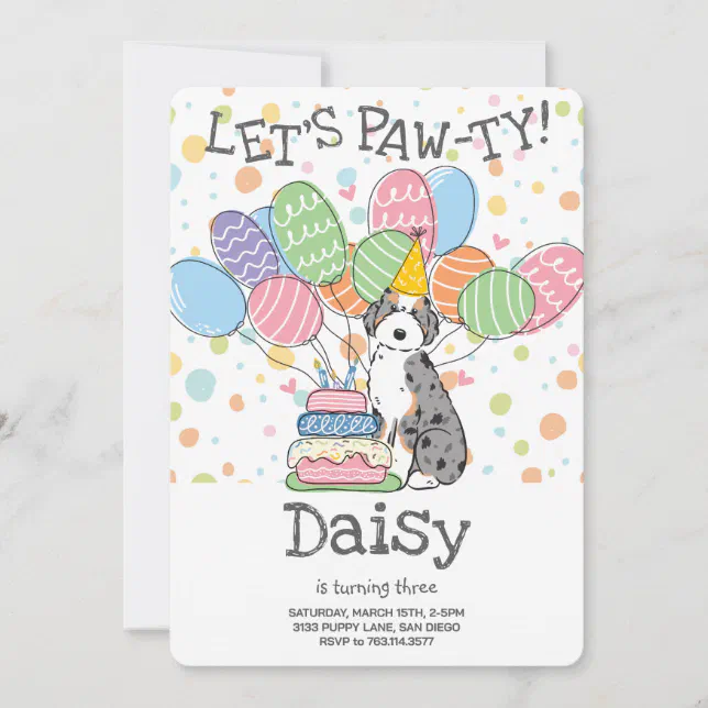 Blue Merle Aussiedoodle Birthday Party Invitation | Zazzle