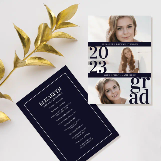 Blue Modern Unique Three Panel Photos Graduation Invitation | Zazzle