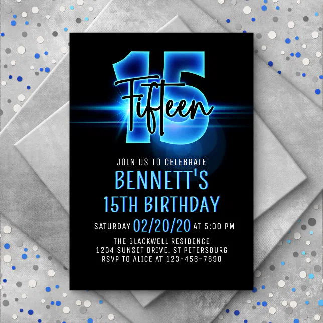 Blue Neon 15th Birthday Invitation | Zazzle