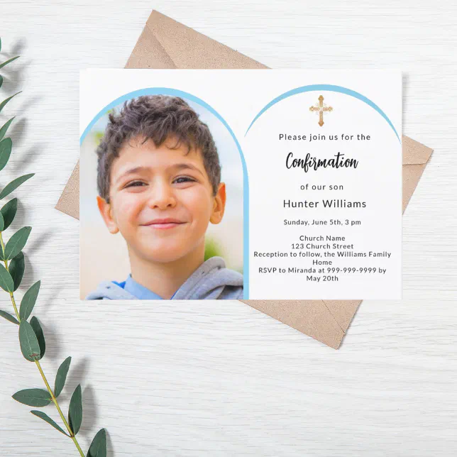 Blue photo arch boy cross Confirmation Invitation | Zazzle