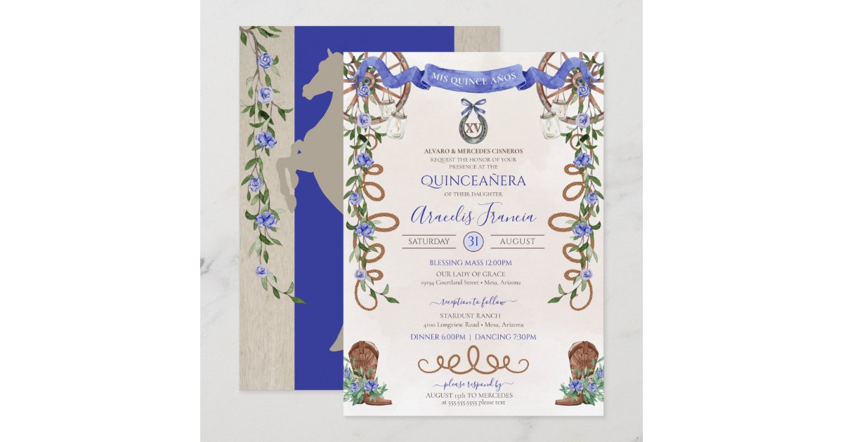 Blue Quinceanera Rustic Western Charro Invitation | Zazzle