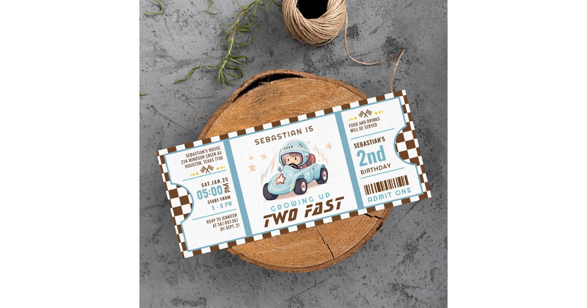 Blue Two Fast Race Car Ticket Pass Second Birthday Invitation | Zazzle