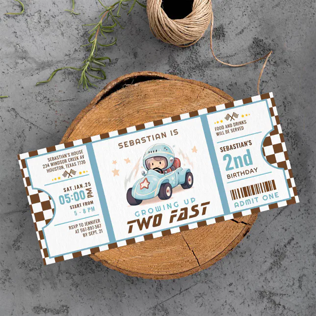 Blue Two Fast Race Car Ticket Pass Second Birthday Invitation | Zazzle