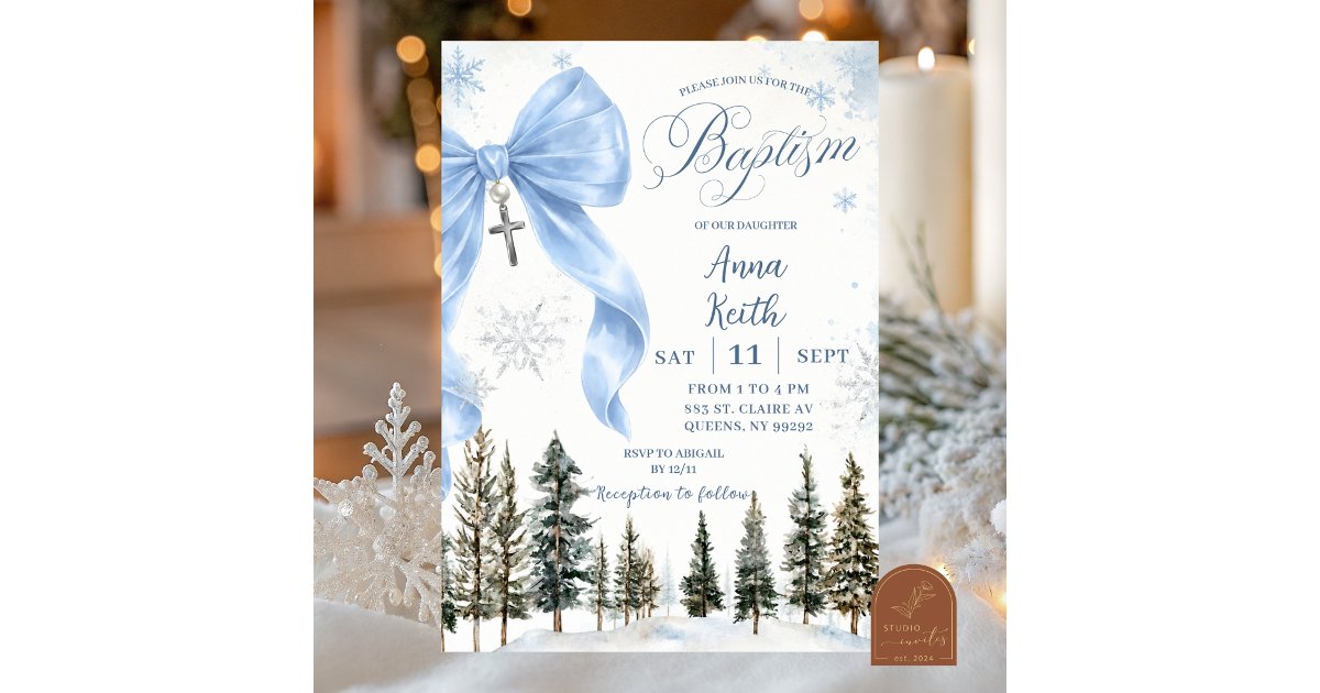 Blue Whimsical Bow Winter Baptism invitation | Zazzle