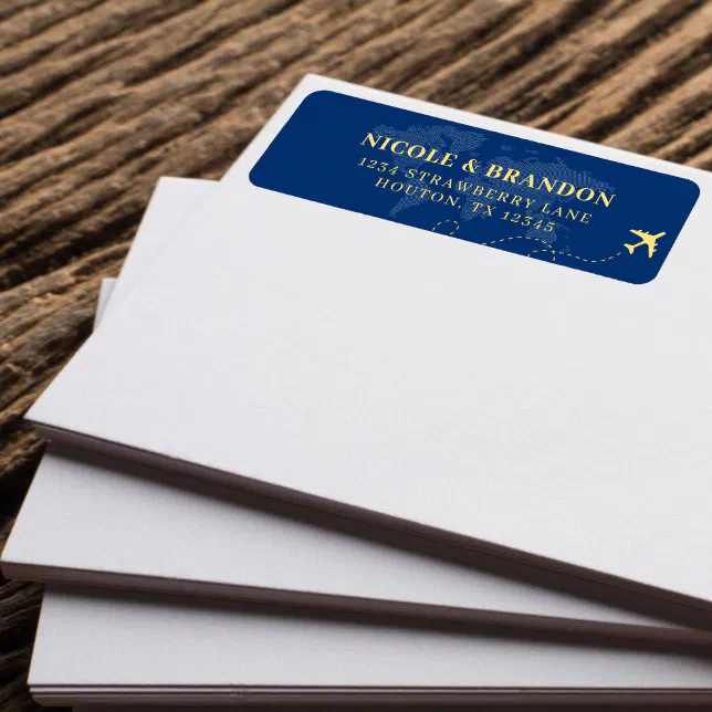 Blue & Yellow World Map Plane Destination Wedding Return Address Label ...