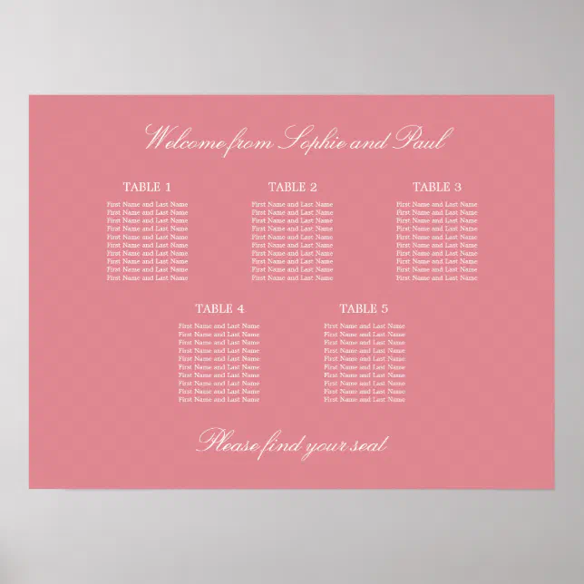 Blush Pink 5 Table Wedding Seating Chart Poster | Zazzle