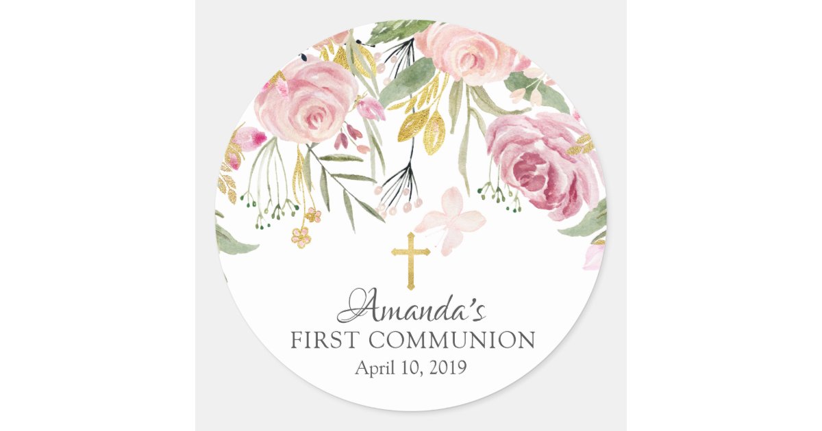 Blush Pink Floral First Holy Communion Sticker | Zazzle
