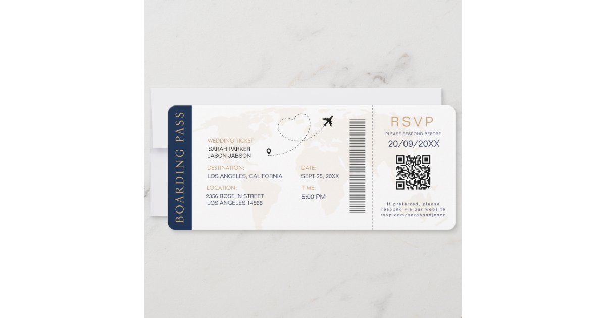 Boarding Pass Destination Wedding QR code Rsvp Invitation | Zazzle
