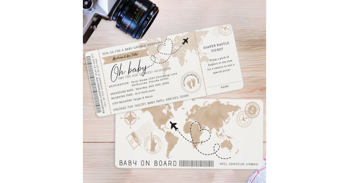 Boarding Pass World Map Travel Baby Shower Invitation | Zazzle
