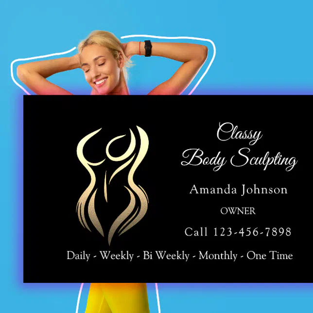 Body Shaping Sculpting Massage Gold Logo QR Black Business Card | Zazzle