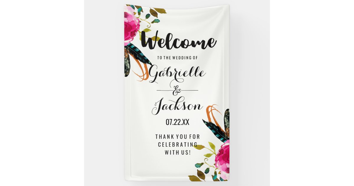 Boho Chic Floral Watercolor Wedding Welcome Banner | Zazzle