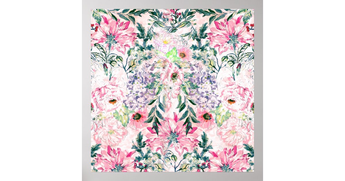 boho chic watercolor spring pink floral poster | Zazzle