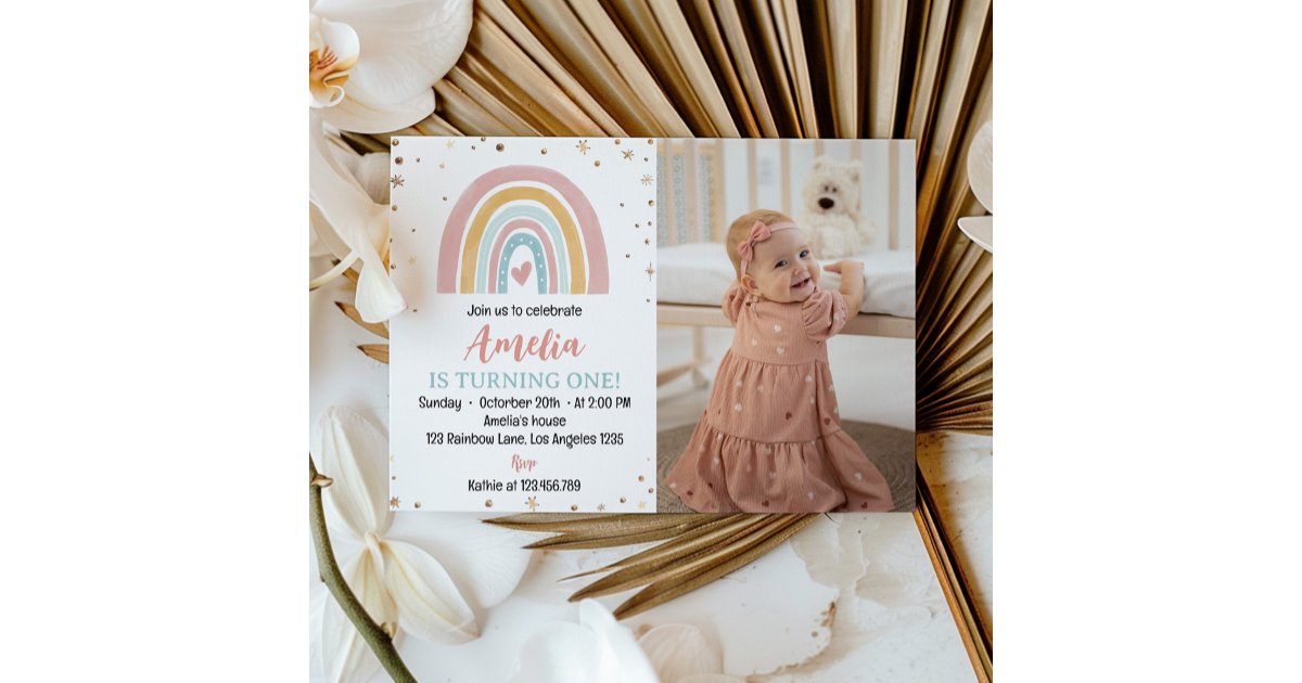 Boho Rainbow 1st Birthday Photo Invitation | Zazzle