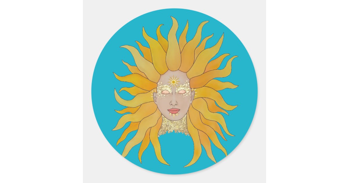 Boho turquoise yellow gold sun inspired classic round sticker | Zazzle