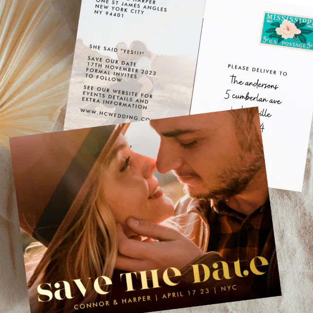 Bold Modern Gold Text Photo Save The Date Postcard | Zazzle