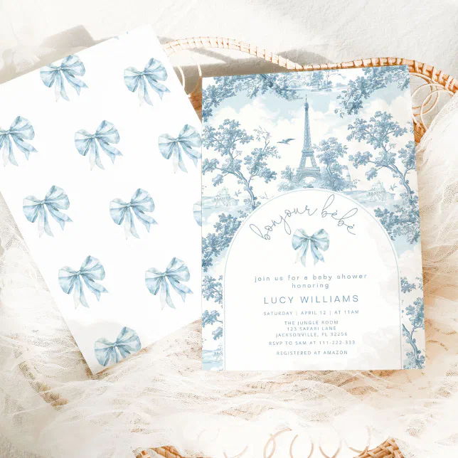 Bonjour Bebe Toile Blue Bow French Baby shower Invitation | Zazzle