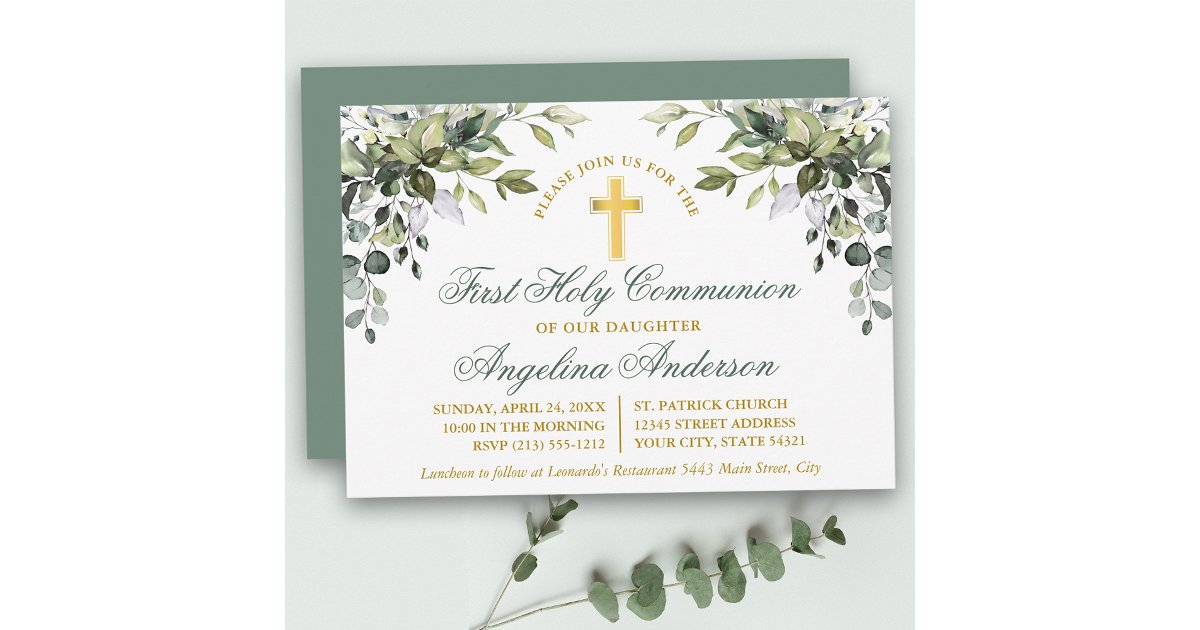 Botanical Greenery First Communion Sage Green Invitation | Zazzle