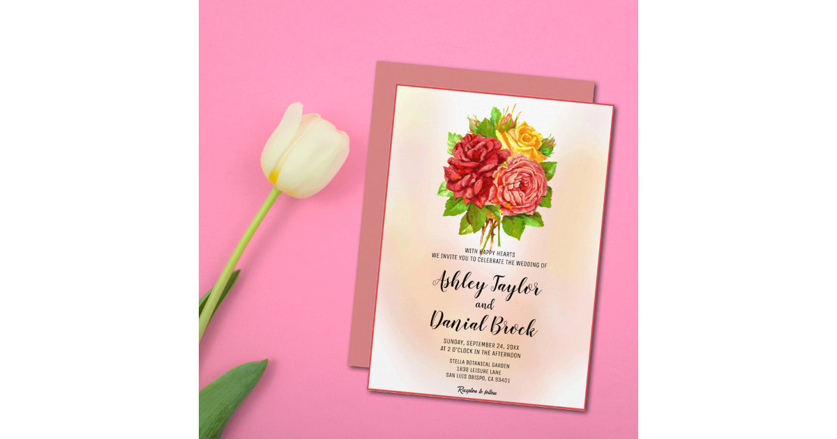 Bouquet Watercolor Blush Pink Rose Floral Wedding Invitation Zazzle