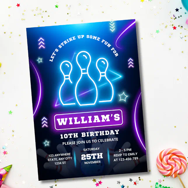 Bowling Birthday Invitation, Glow Neon Party Boys Invitation | Zazzle