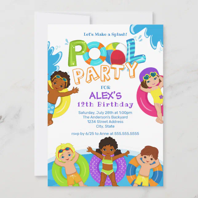 Boy Girl Pool Party 12th Birthday Invitation | Zazzle