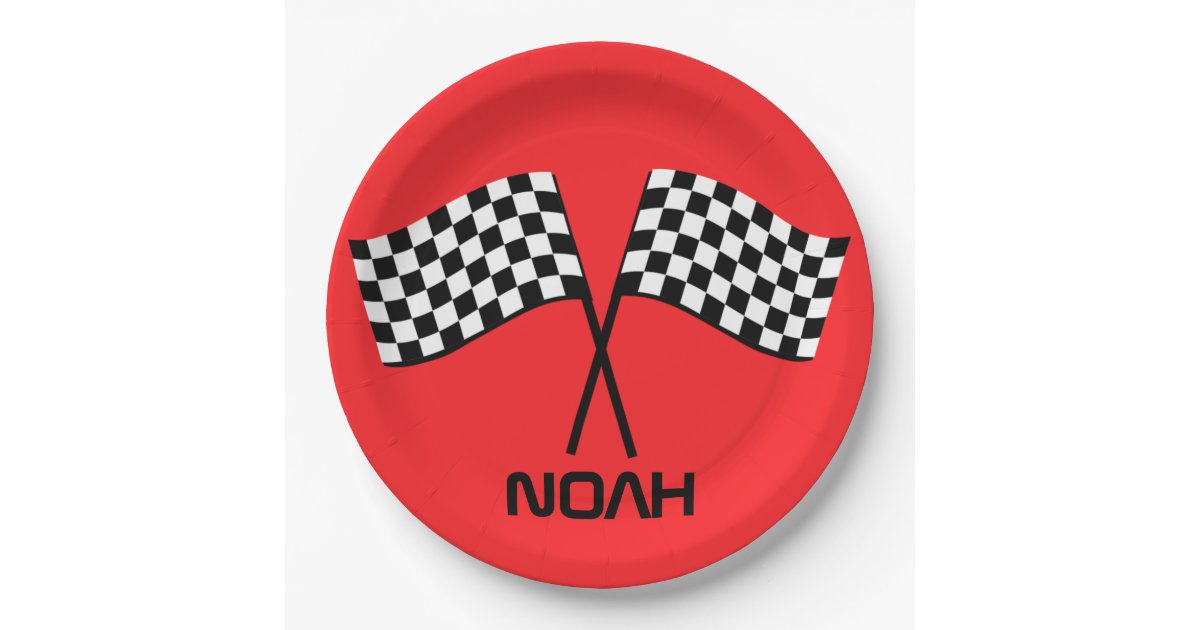 Boy's Go Kart Pit Stop Birthday Racing Flags Class Paper Plate | Zazzle