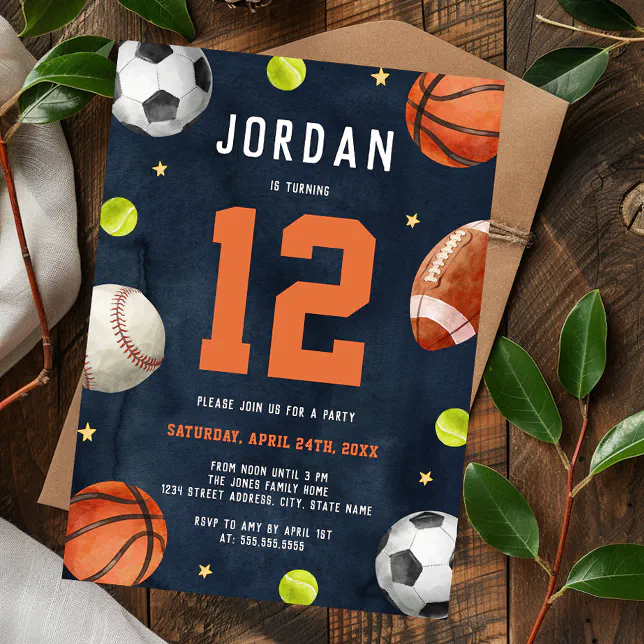 Boys Sports Theme Orange Navy Birthday Party Invitation | Zazzle