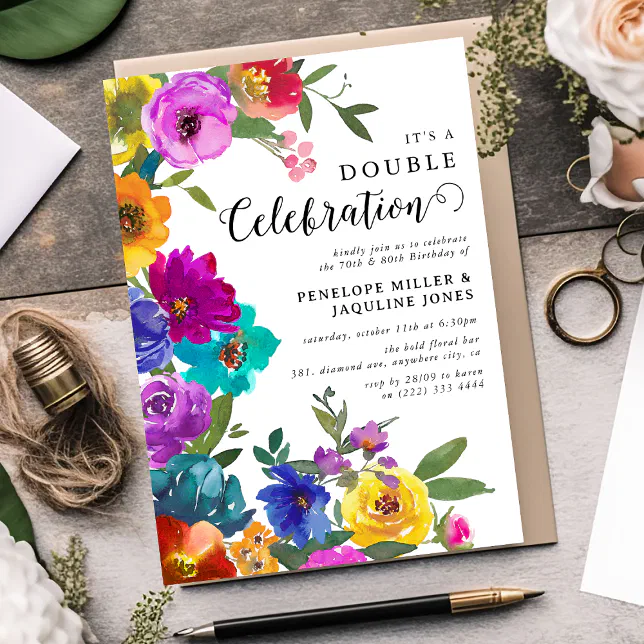 Bright & Bold Florals Double Celebration Birthday Invitation | Zazzle