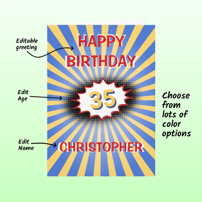 Bright explosion custom name age retro birthday card | Zazzle