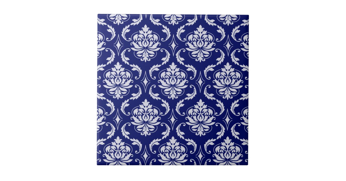 Bright Navy Blue Damask Pattern Tile | Zazzle