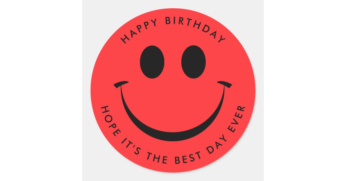Bright Red Happy Face Birthday Classic Round Sticker | Zazzle