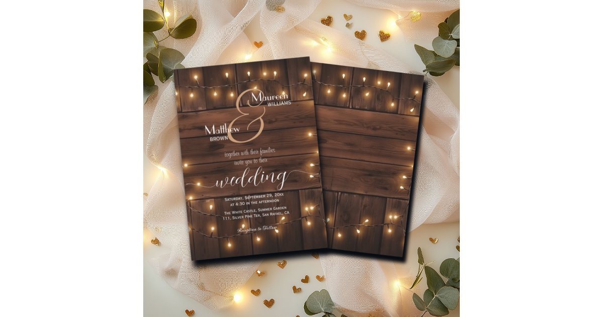 Brown Wood Rustic String Lights Wedding Invitation | Zazzle