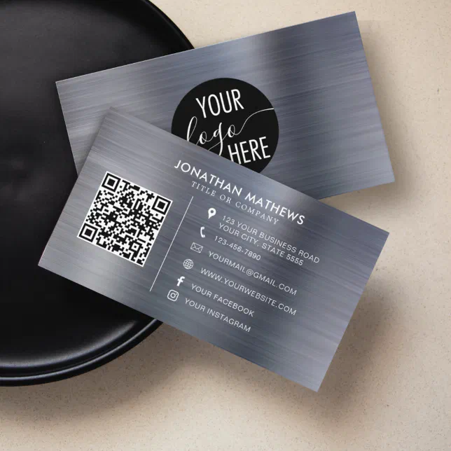 Brushed Metallic Silver Grey Company Logo QR Code Business Card | Zazzle