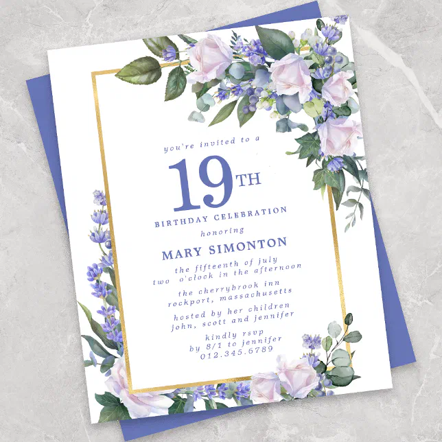 Budget Blue White Floral 19th Birthday Invitation | Zazzle