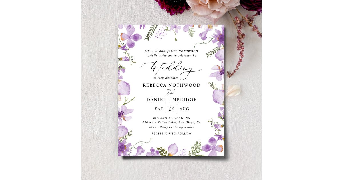 Budget Boho Elegant Purple Wedding Invitation | Zazzle