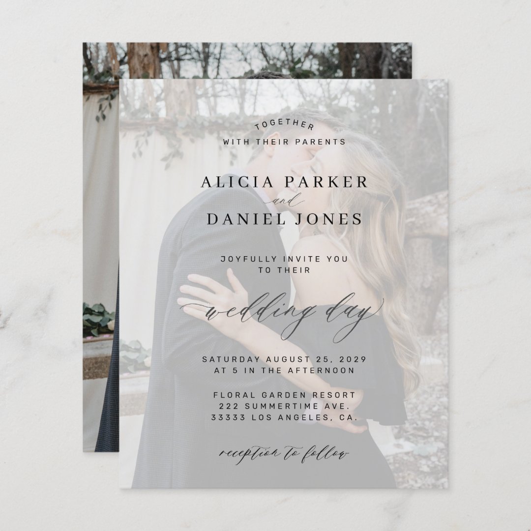 Budget photo overlay modern wedding invitation | Zazzle