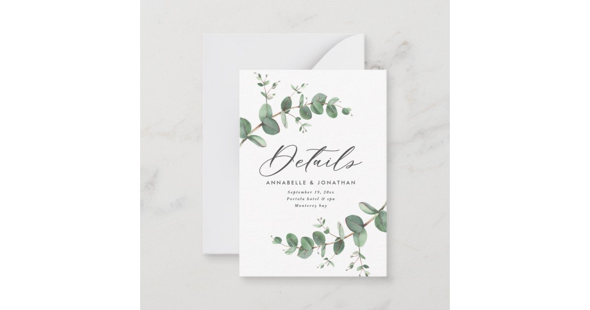 budget wedding eucalyptus green details card | Zazzle