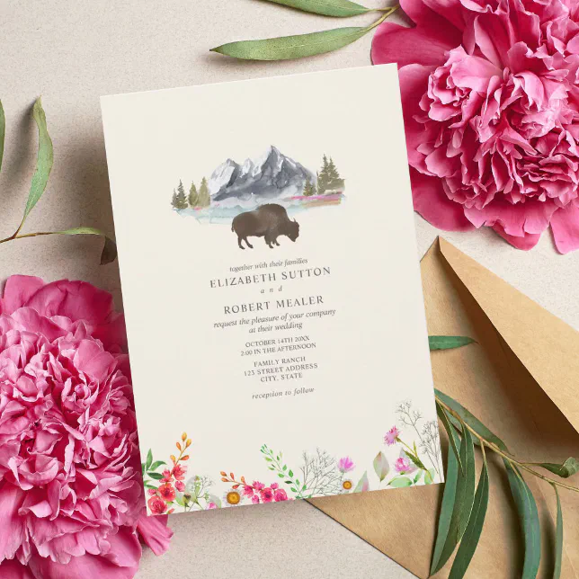 Buffalo Bison Watercolor Mountains Floral Wedding Invitation | Zazzle