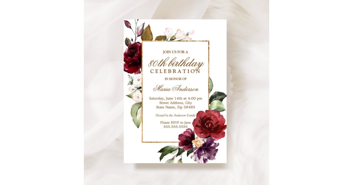 Burgundy Flowers Gold Border 80th Birthday Party Invitation | Zazzle