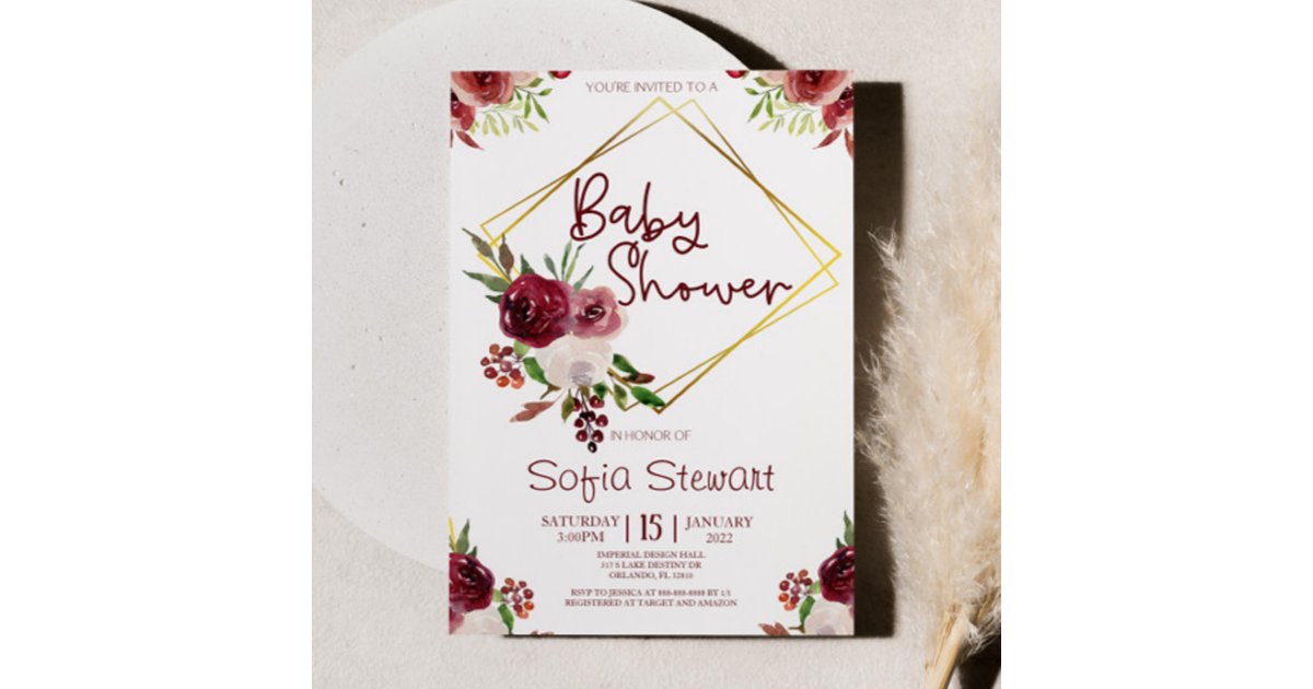 Burgundy Gold Floral Flower Frame Baby Shower Invitation | Zazzle