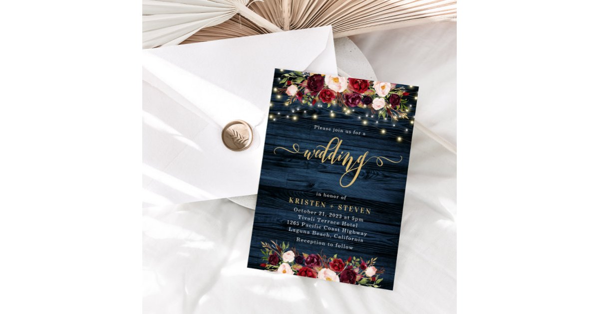 Burgundy Marsala Floral and Navy Blue Wedding Invi Invitation | Zazzle
