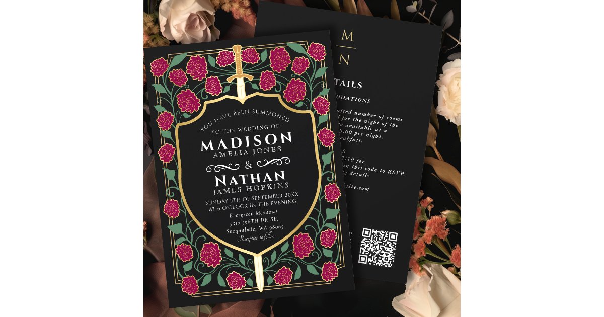 Burgundy Sword Shield Fantasy QR Code Wedding Invitation | Zazzle
